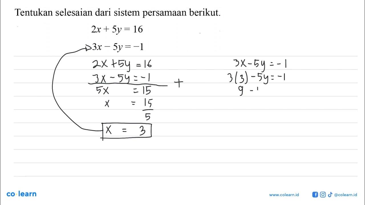 Tentukan selesaian dari sistem persamaan berikut 2x + 5y=16 3x - 5y=-1 - YouTube