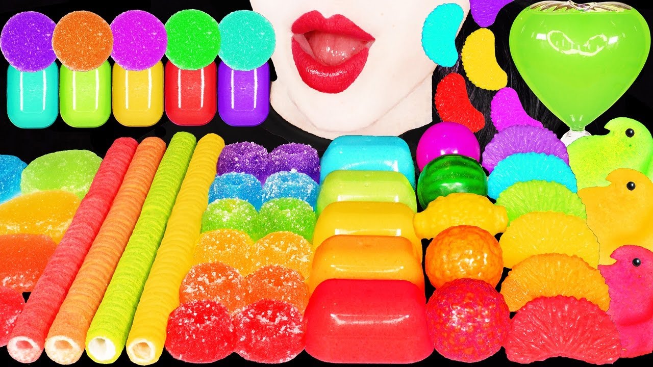ASMR RAINBOW DSSERTS CRUNCHY ICE FRUIT SNACK JELLY 무지개 디저트 얼린 닉클립 젤리 먹방 ...