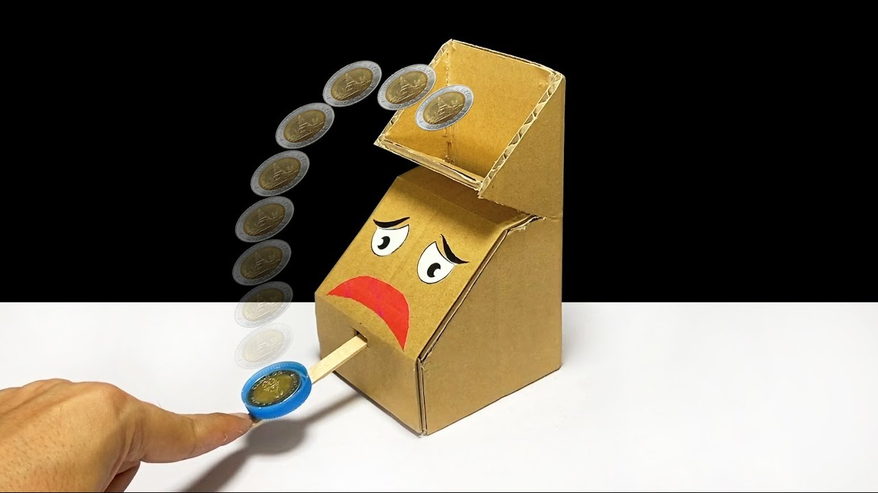 How to Make Coin Bank Box from Cardboard | ออมสินเด้งเหรียญลงกล่อง ...