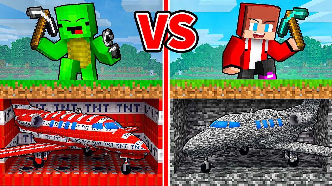 JJ and Mikey: AIRPLANE Mine Tunnel Battle in Minecraft - Maizen - YouTube