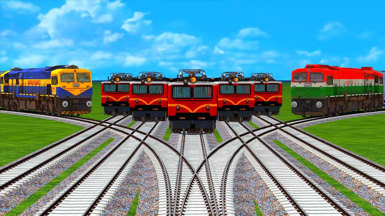7 Trains Crossing On Crisscrossed at Bumpy Forked Sharp Bend Railroad ...