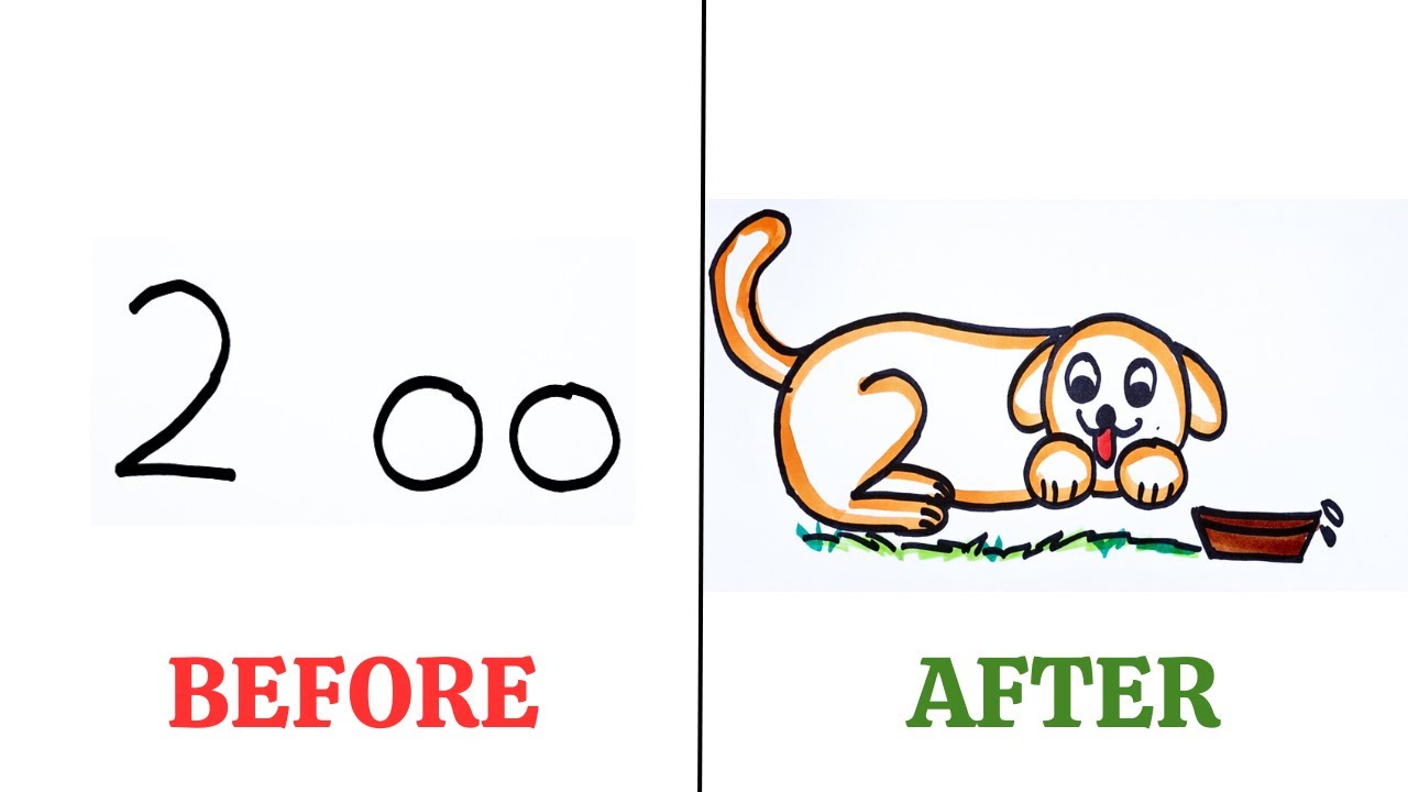 How To Draw A Dog Drawing With 200 Number | Very Easy To Draw | Step By ...