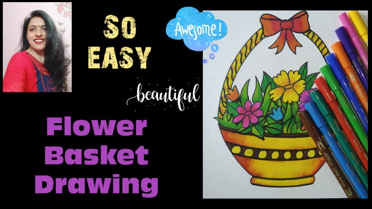 Flower Basket Drawing / How to draw flower basket / Flower basket ...