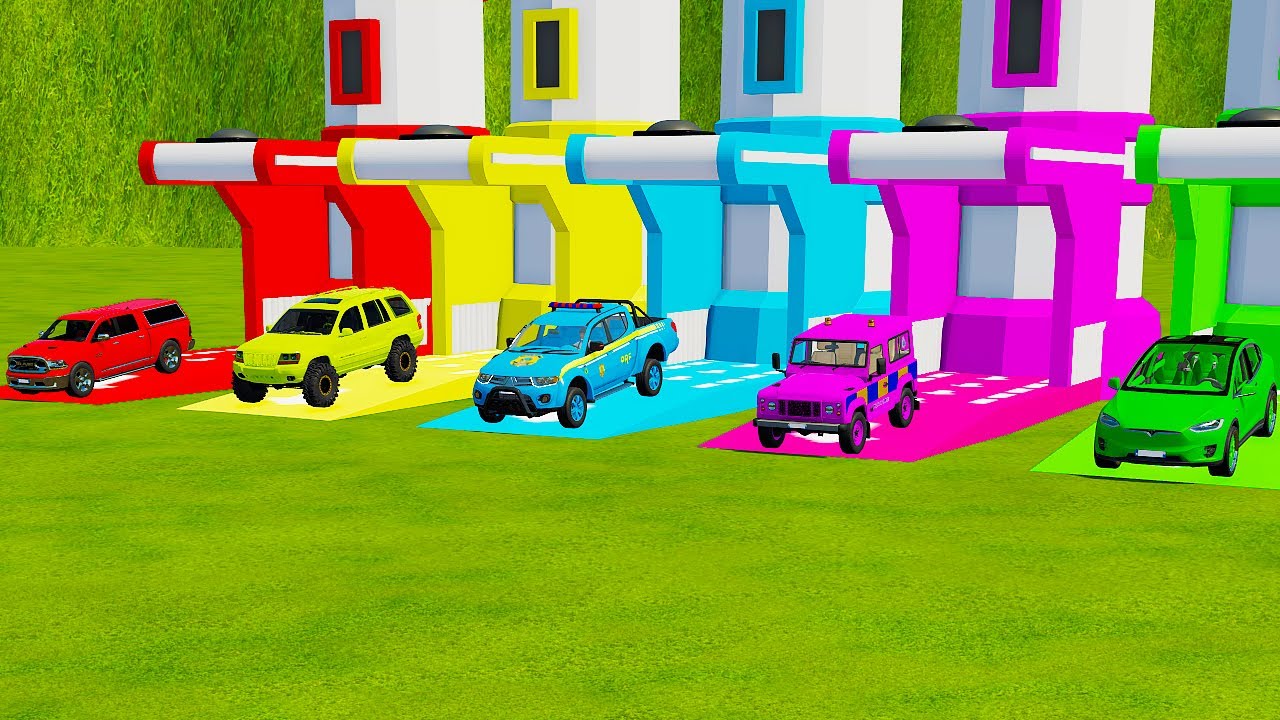TRANSPORTING FIVE COLOR CARS RAM DODGE, JEEP CHOKE, LIZARD, POLICE ...