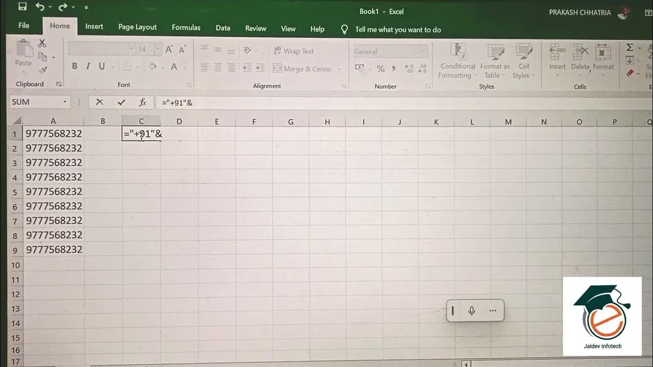 How To Add 91 Before A Mobile Number In Excel How Add 91 In Excel Youtube
