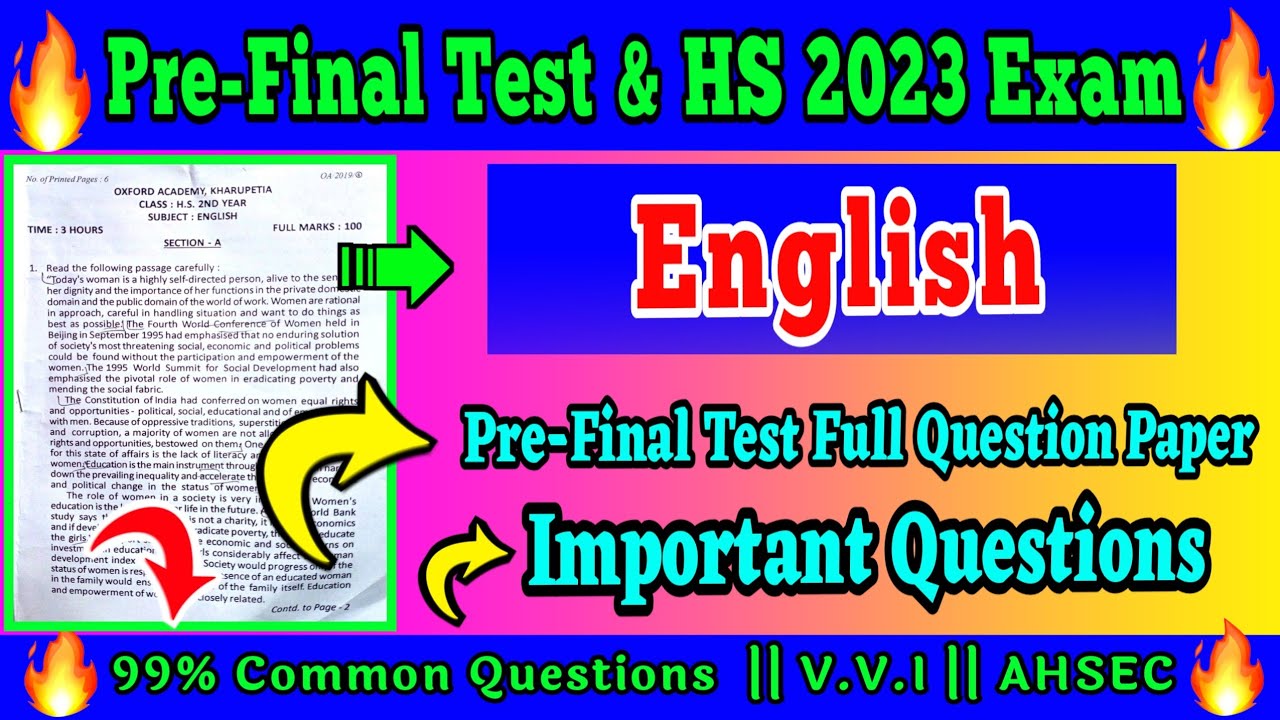 HS 2nd Year Pre-Final Test 2022 English Question Paper | English ...