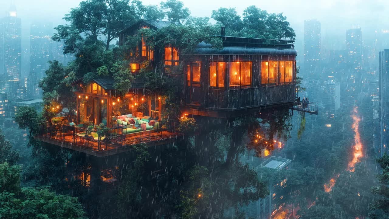 Rainy Treehouse Escape ~ Calm Above the City - YouTube