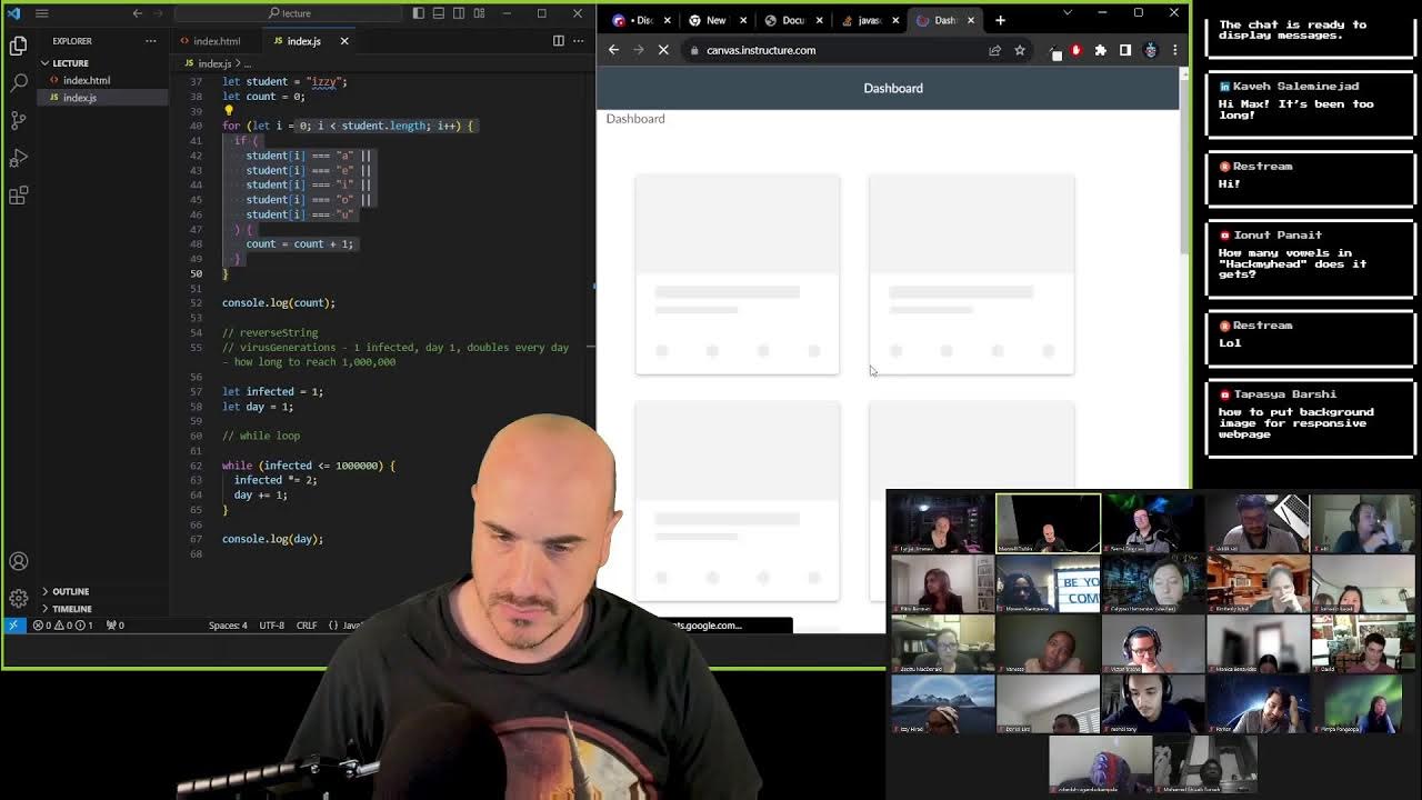 Live Lecture on JavaScript For Loops, While Loops at Hackmyhead Coding Bootcamp - YouTube