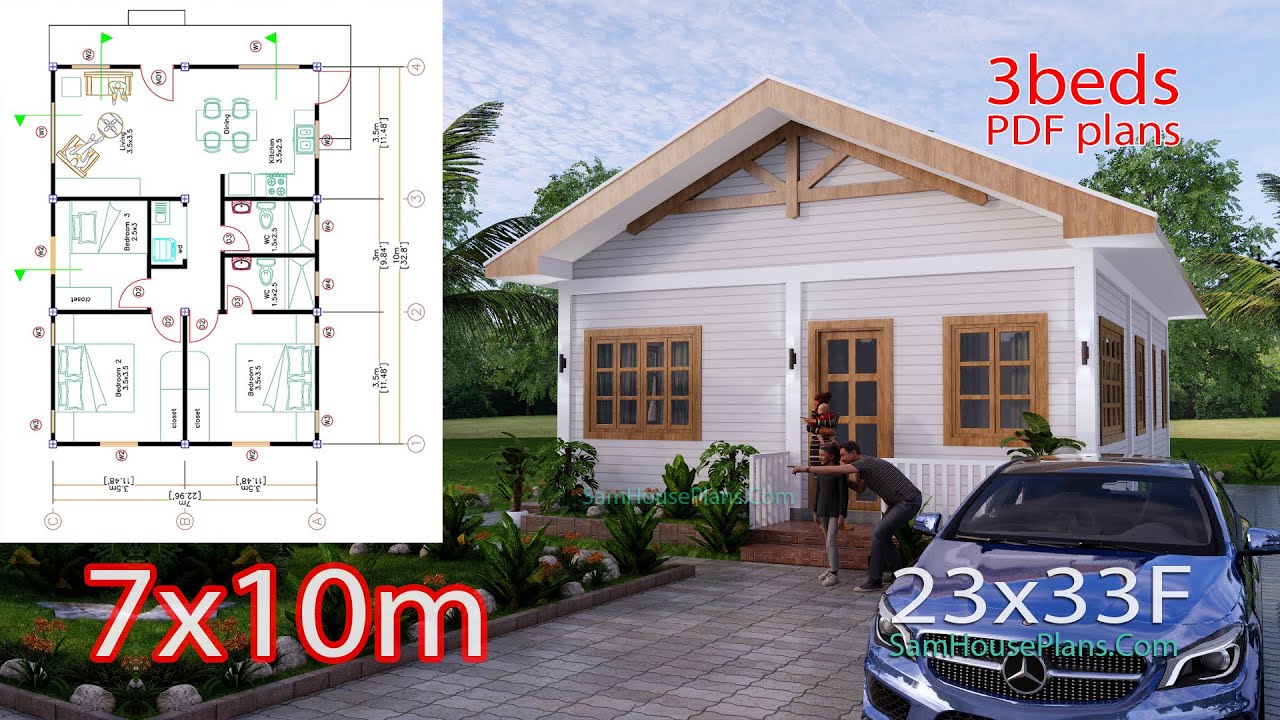 23x33 Simple House Design 7x10 Meter 3 Bedrooms PDF Full Plans - YouTube
