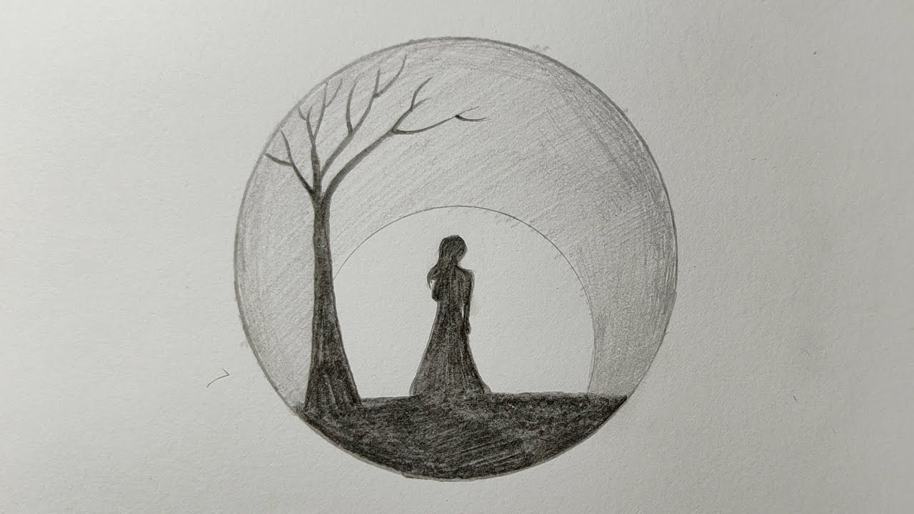 drawing a girl standing alone in front of a moon | easy beautiful ...