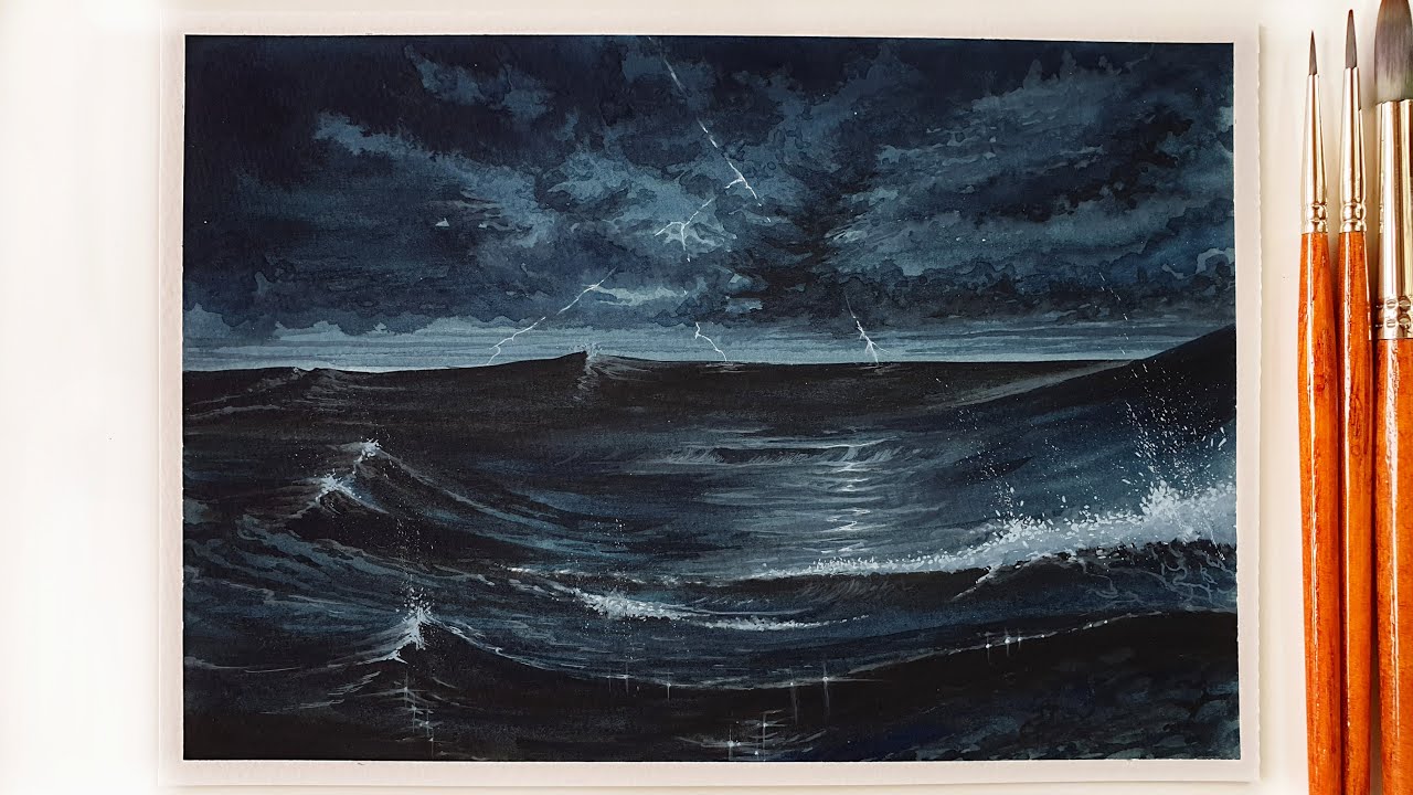 Stormy Ocean Painting ｜ Lightning on the Ocean Painting with Gouache ...
