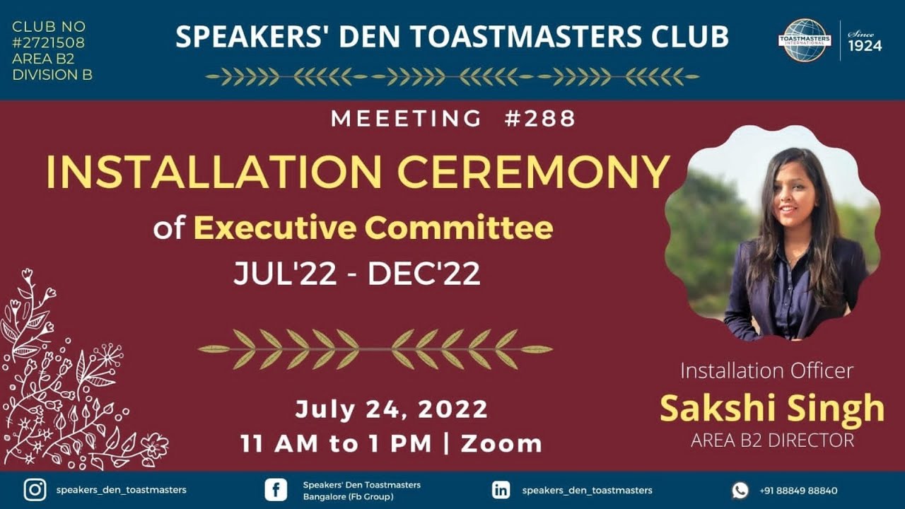 Installation Ceremony of Speakers Den Toastmasters Club - YouTube