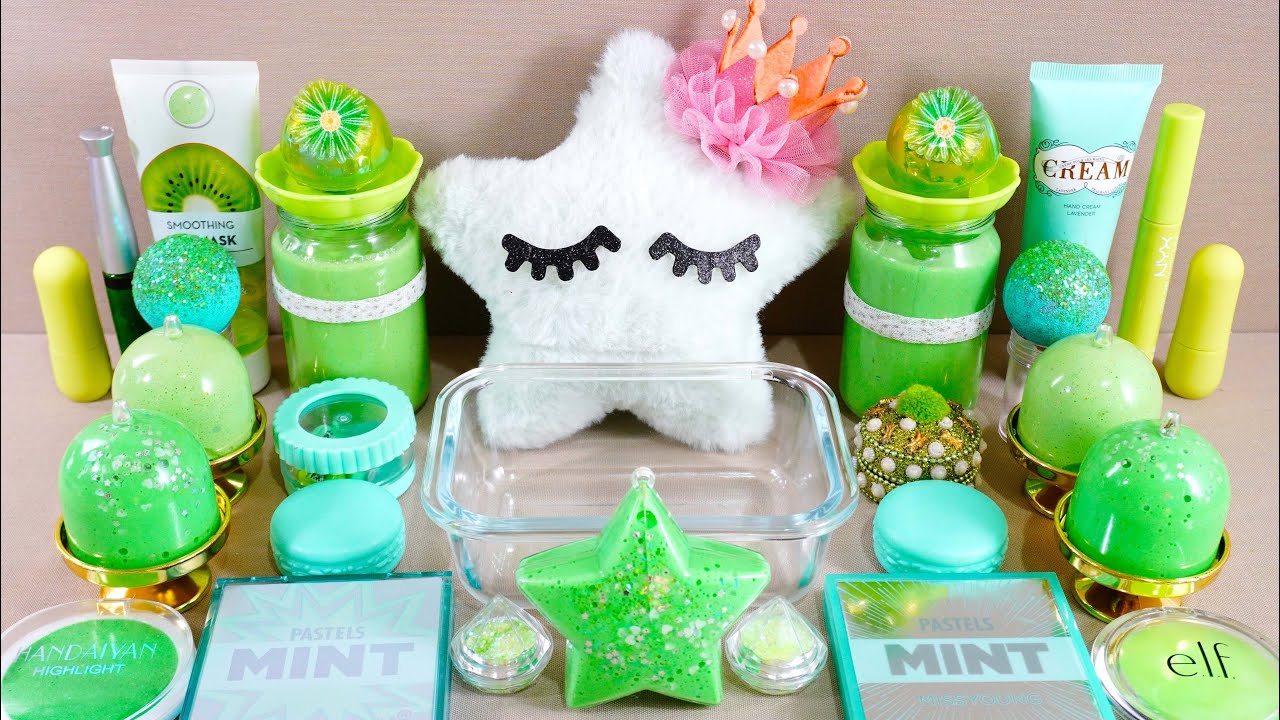 Mint Slime mixing with glitter, clay and eyeshadow 💚 ★ASMR★ satisfying ...