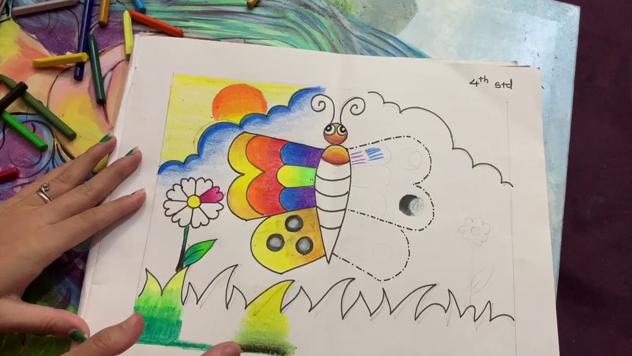 Drawing for 4th Std A Butterfly colouring 1st drawing Part 2 | How to ...