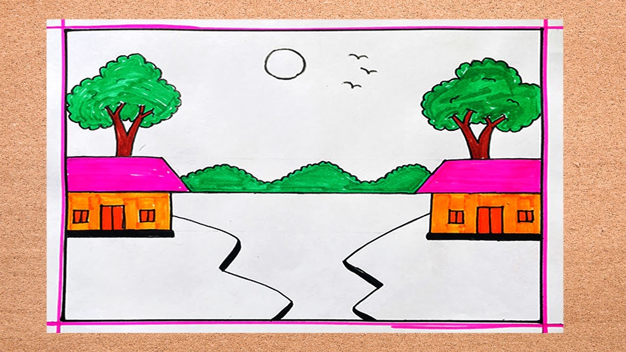 How to draw a village home easy, Draw a village home for kids, Village ...