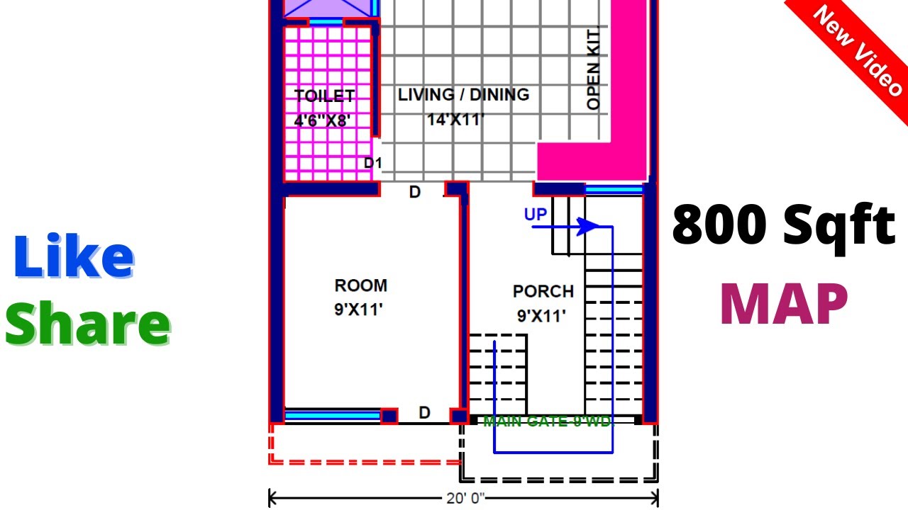 Popular House Plan With 3 Rooms 20 X 40 / 800 SQ.FT / 89 SQ.YDS / 74 SQ ...