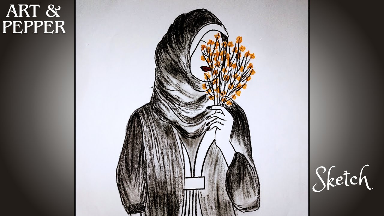How To Draw Muslim Girl With Hijab | Girl With Flowers In Hand Wearing ...
