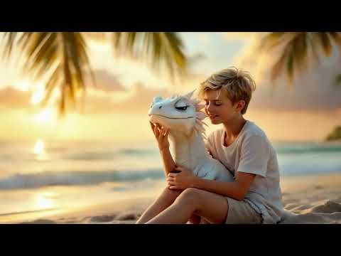 Sunset Bond in 4K: A Boy and His Baby Dragon on a Caribbean Beach 🌅🐉✨
