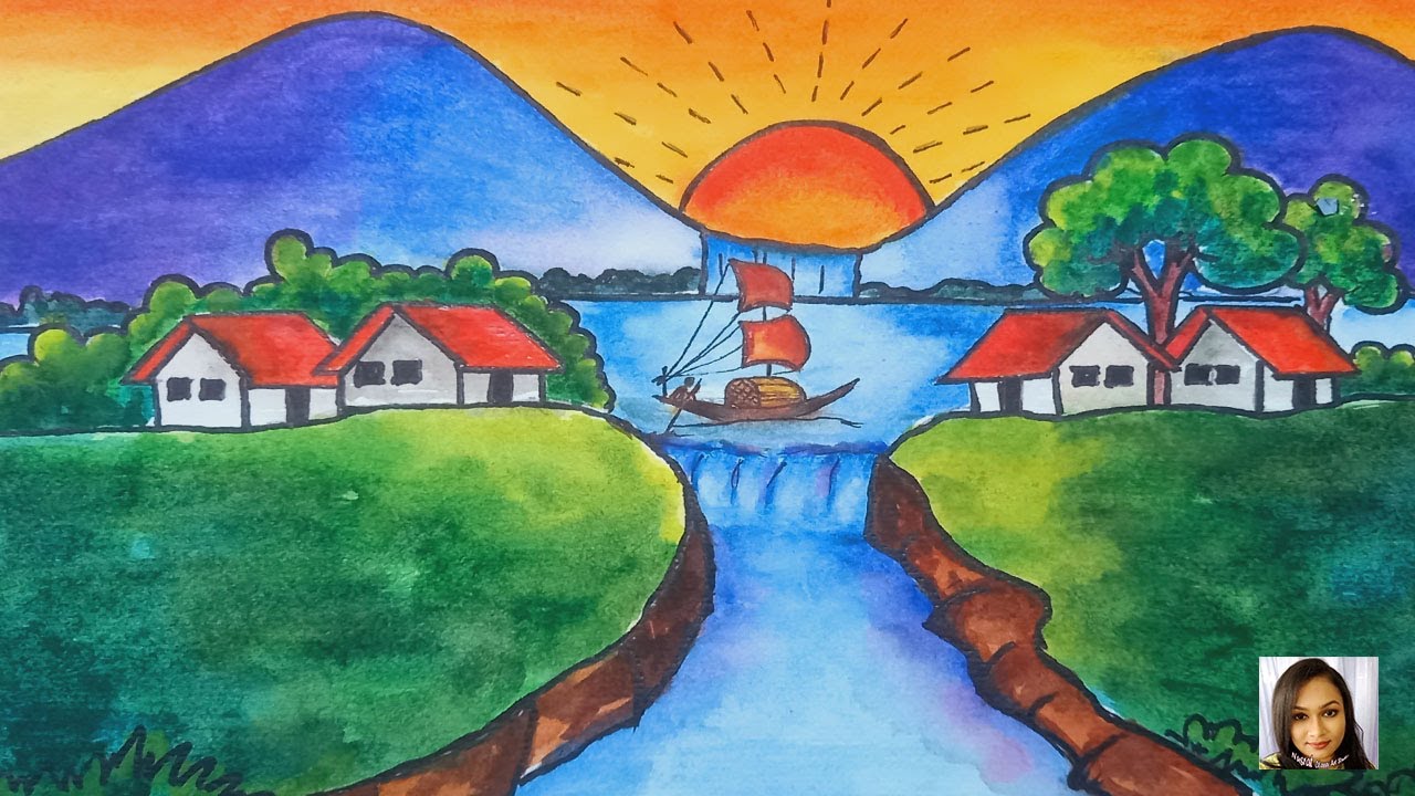 Easy Landscape drawing ang Coloring for Kids and Beginners - YouTube