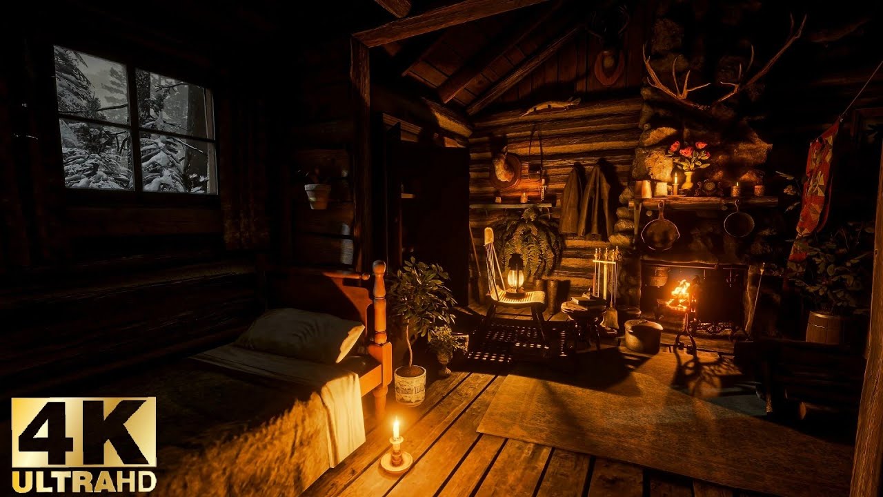 Cozy Cabin in the Winter Woods | Fireplace & Blizzard Sounds for ...