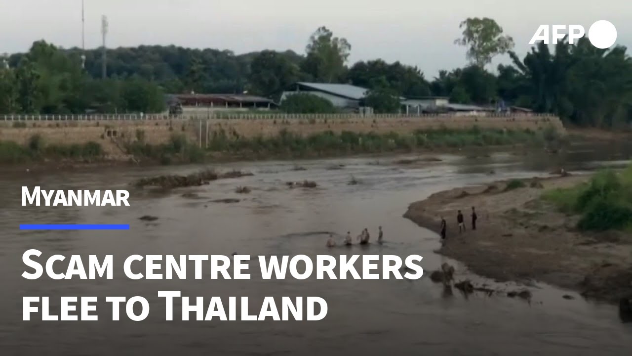 Myanmar scam centre raid sends people fleeing to Thailand | AFP - YouTube