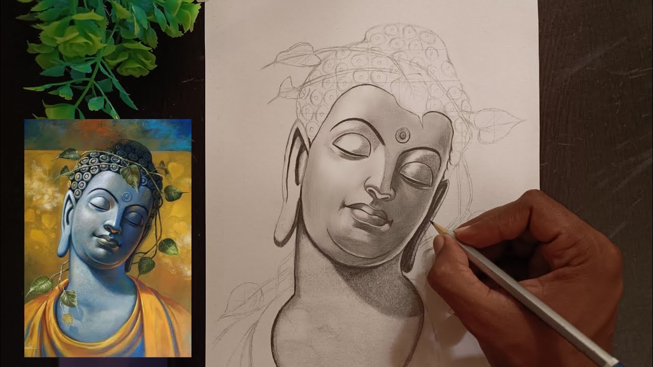 How to draw Gautam Buddha sketch, Face shading tutorial step by step ...