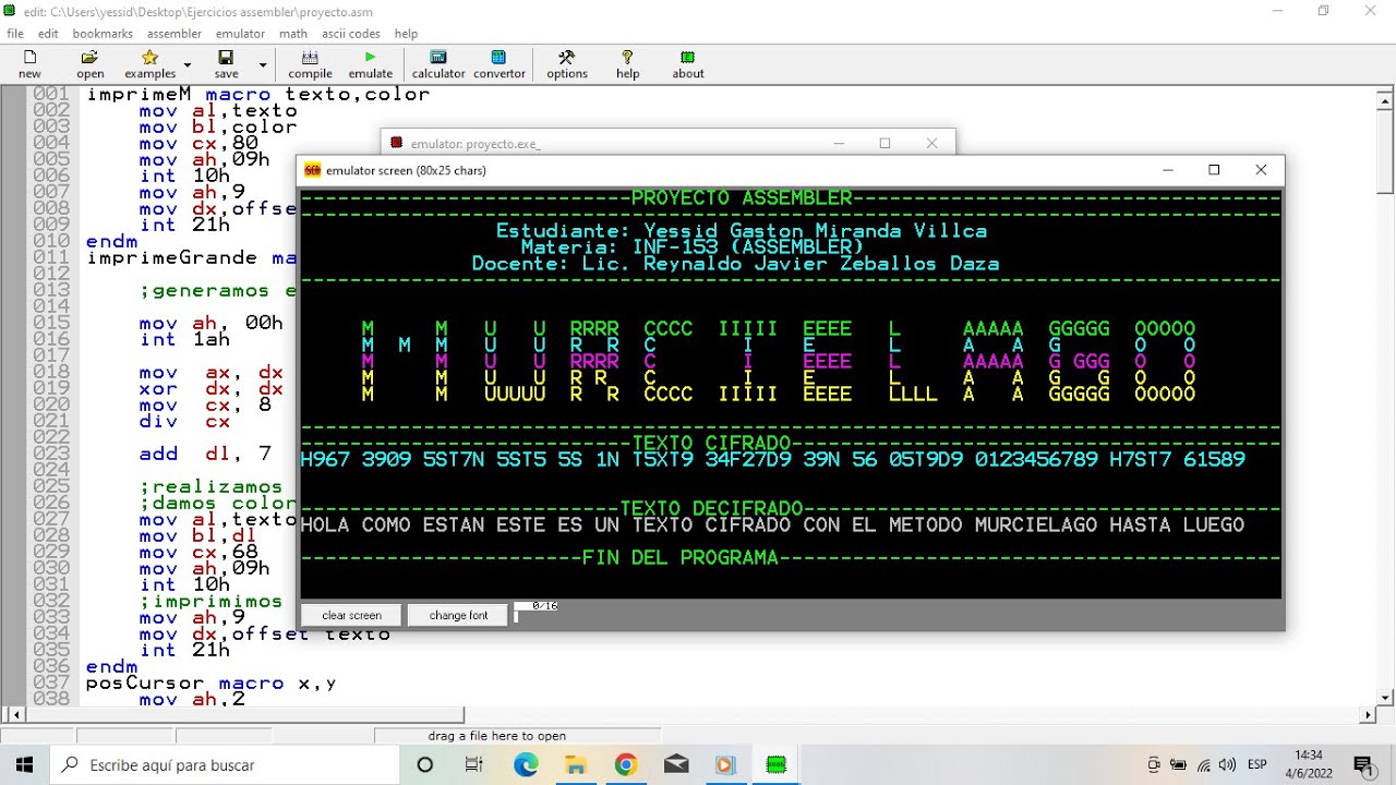 Decifrar un texto con la clave murcielago en assembler - YouTube