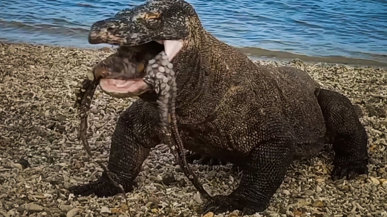Komodo Dragon Swallows Blue-ringed octopus (Hepalochlaena) - YouTube