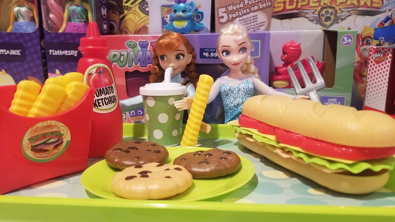 elsa and anna eating sandwich, french fry, cookies, and drink. - YouTube
