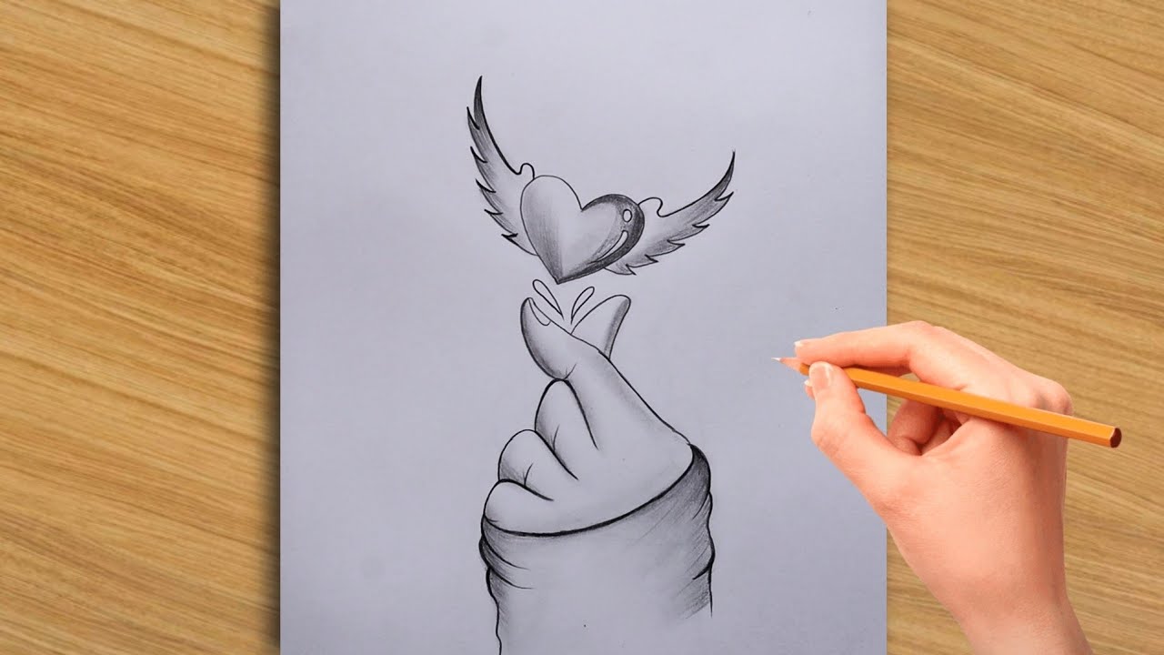 How to make simple drawing of hand with flying heart || simple art ...
