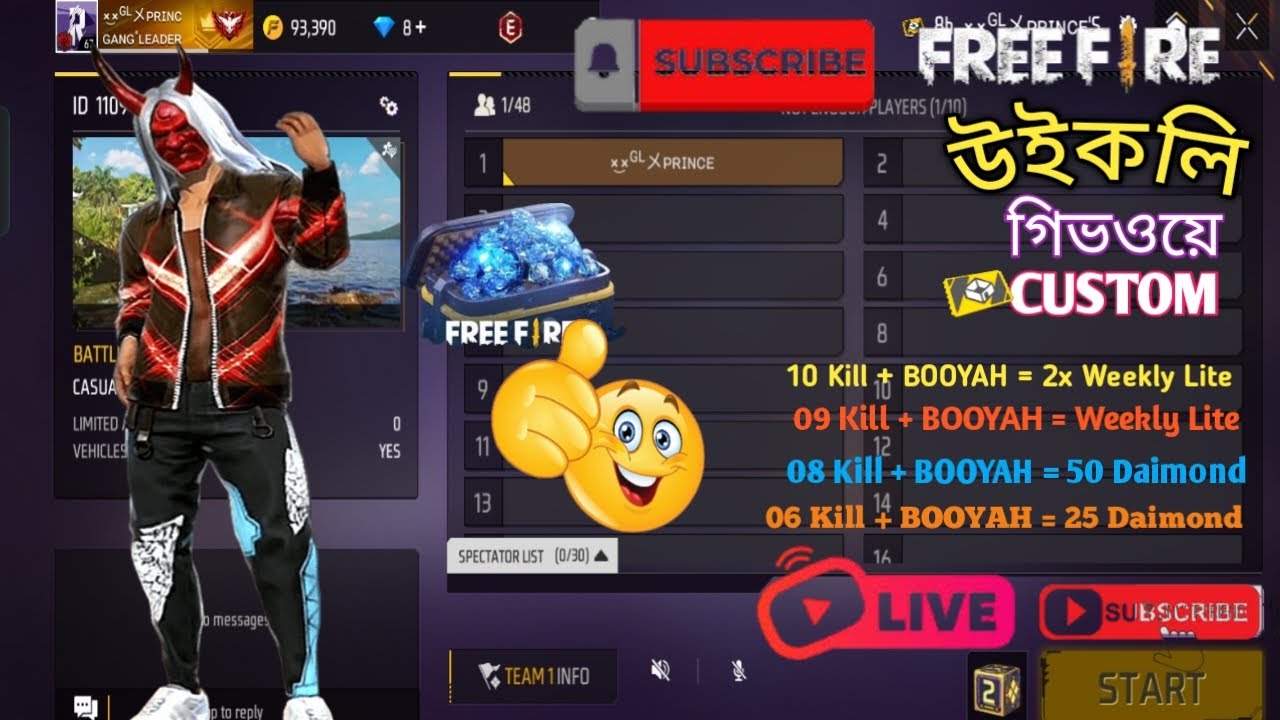 FREE FIRE MOBILE LIVE BR CUSTOM GIVEWAY | GARENA FREE FIRE - YouTube