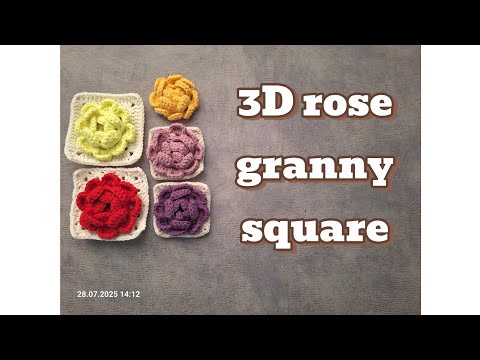 Crochet 3D rose granny square