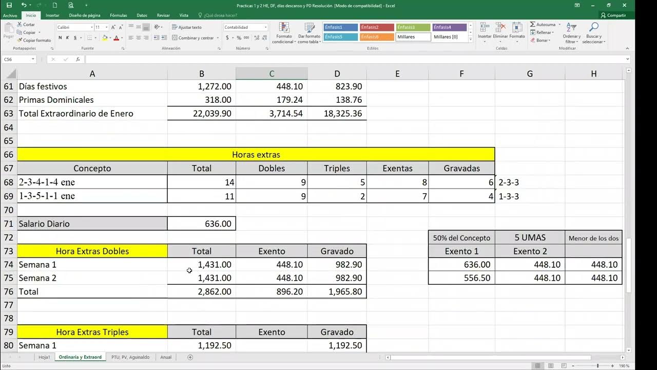 Ejercicio 1: Cálculo del ISR por Horas extras, Días de descanso, Días Festivos y Primas ...