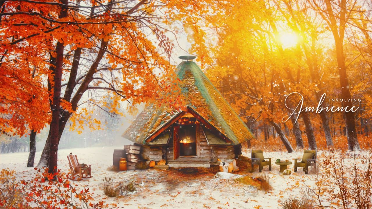 First Snow ASMR Ambience ️Late Autumn🍁Forest Cabin Ambience with Soft ...