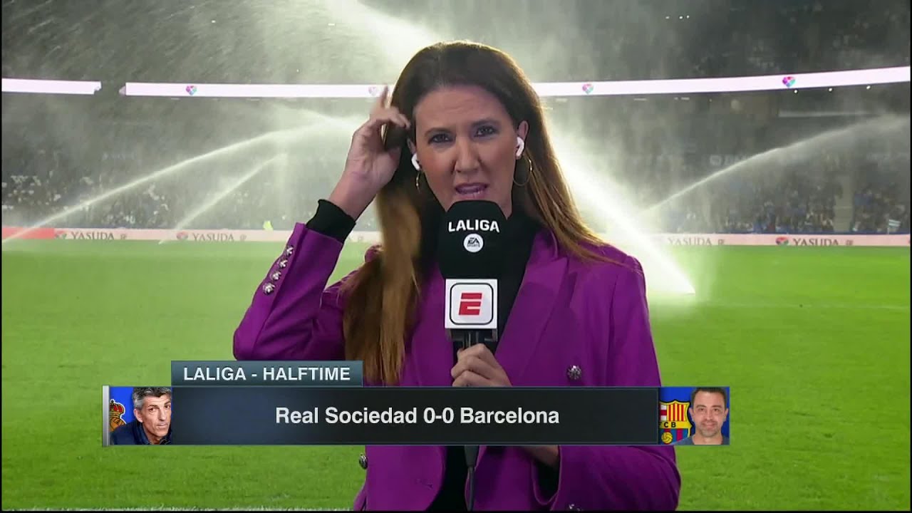 Gemma Soler showered by sprinkler system while reporting Real Sociedad ...