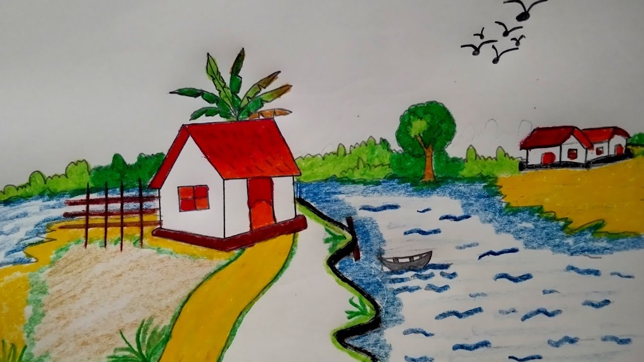 How to draw a scenery /Easy village scenery drawing//sohoj gramer ...