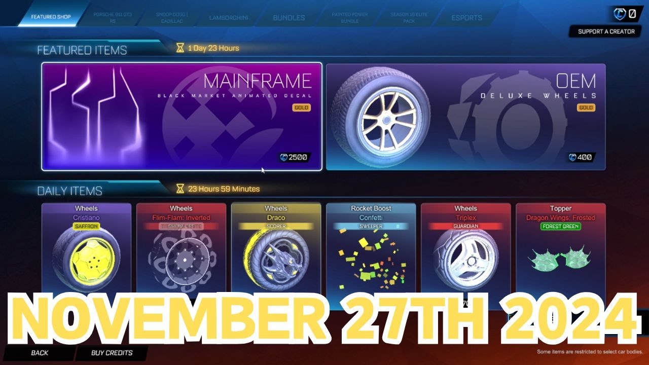 Rocket League Item Shop Daily 57 27th November 2024 Gold Mainframe 6525