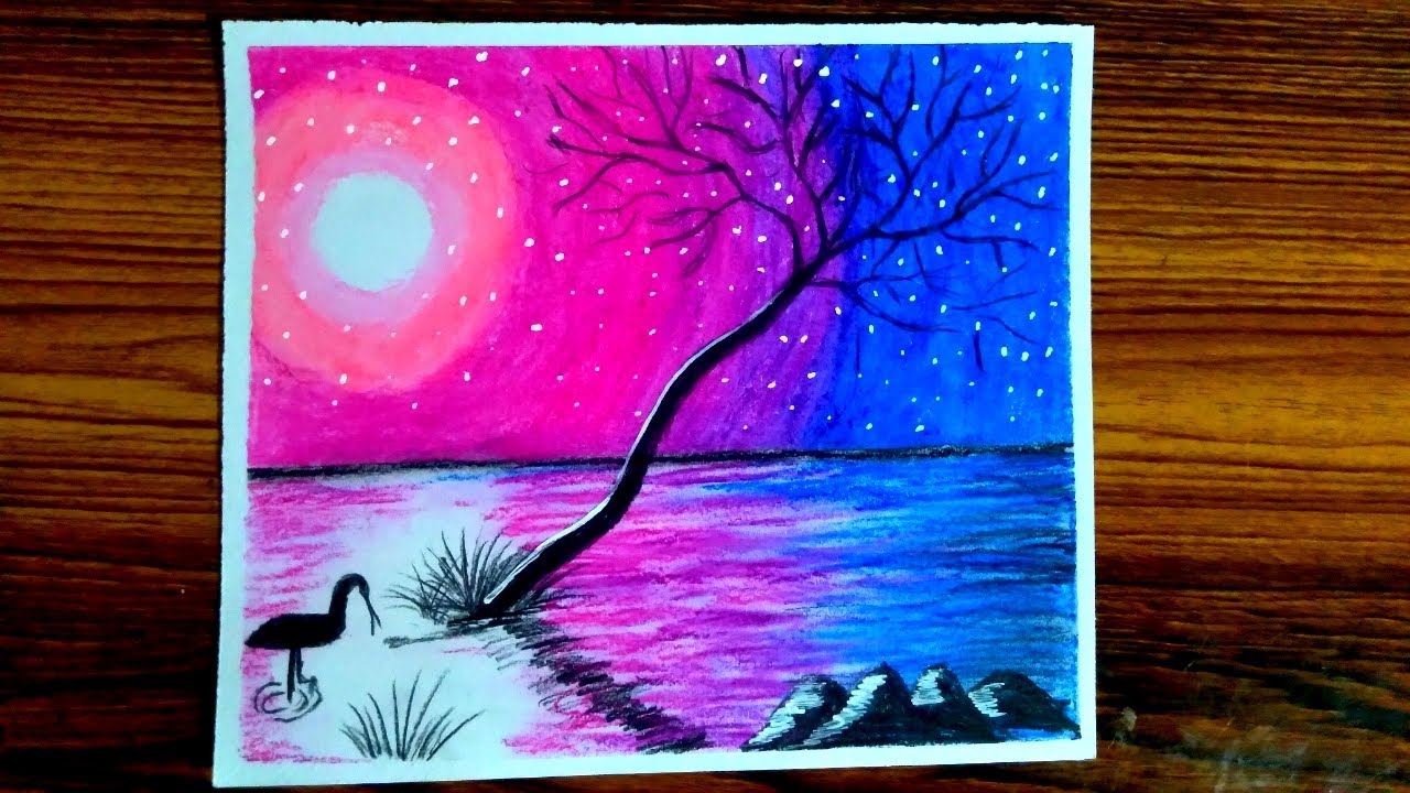 How to draw a purple moon light scenery drawing/oil pastal drawing/kavi ...