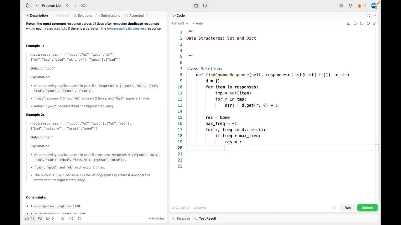 leetcode 3527 Find the Most Common Response | dict and set - YouTube