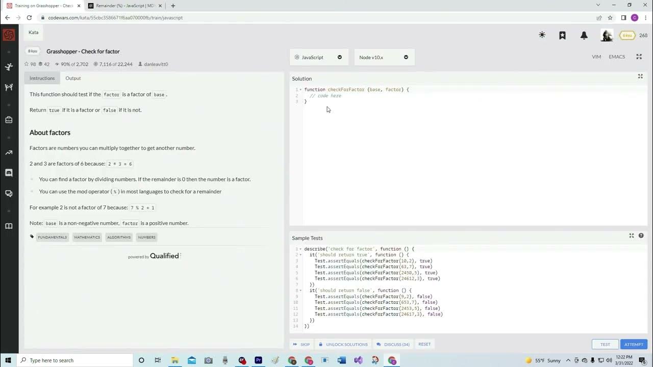 Codewars 8 kyu Grasshopper - Check for Factor JavaScript - YouTube