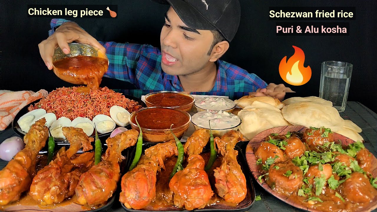 Spicy Chicken Leg with Schezwan rice 🔥 | Puri with Alu kosha 😋 | Raita ...