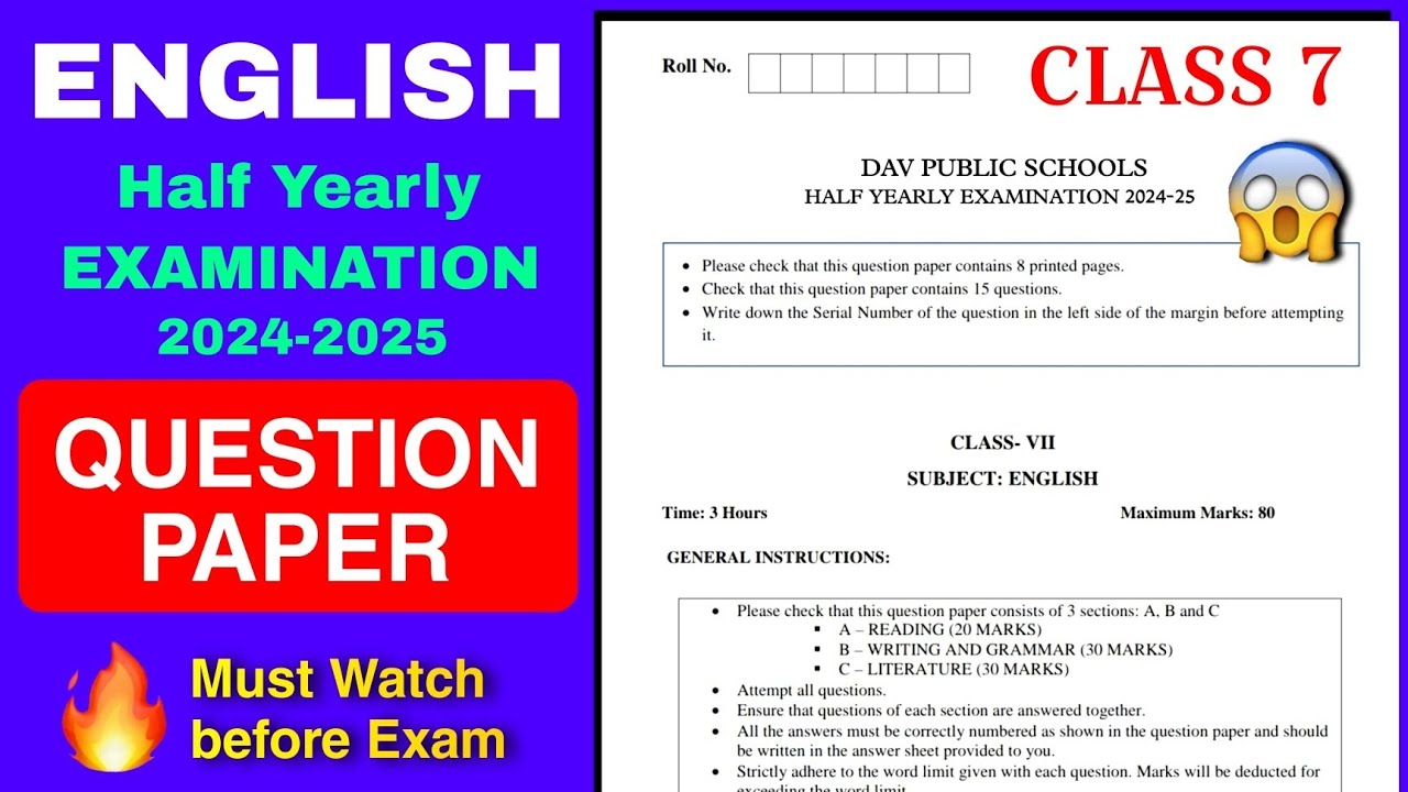 😱English Half Yearly Examination Question Paper 2024 |Dav Class 7 ...