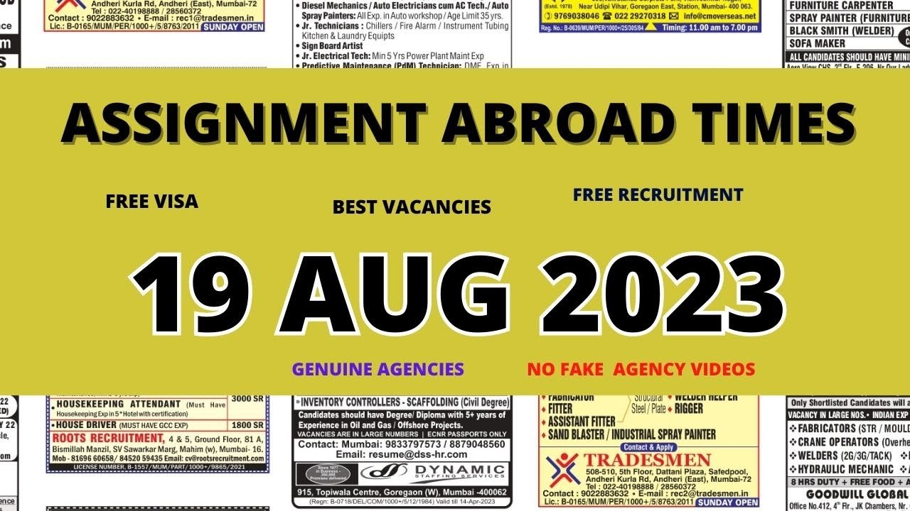 Assignment Abroad Times Today, 19 Aug 2023, Gulf Jobs Vacancies ...