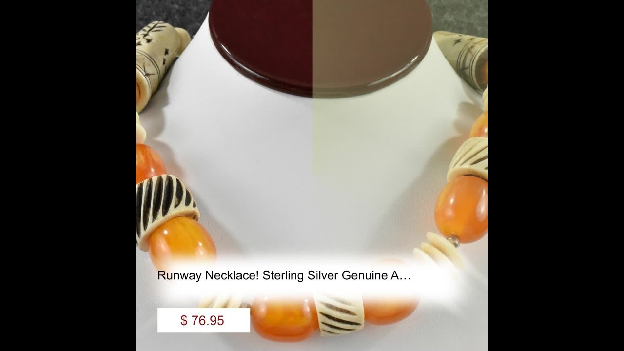 Runway Necklace! Sterling Silver Genuine Amber Bos Taurus Domestic Cow ...