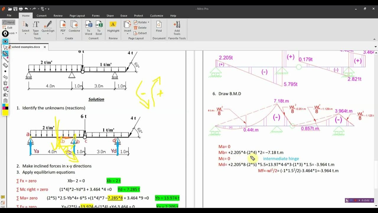 structure analysis 1 ex2 beam reactions and internal forces diagrams part 2 - YouTube