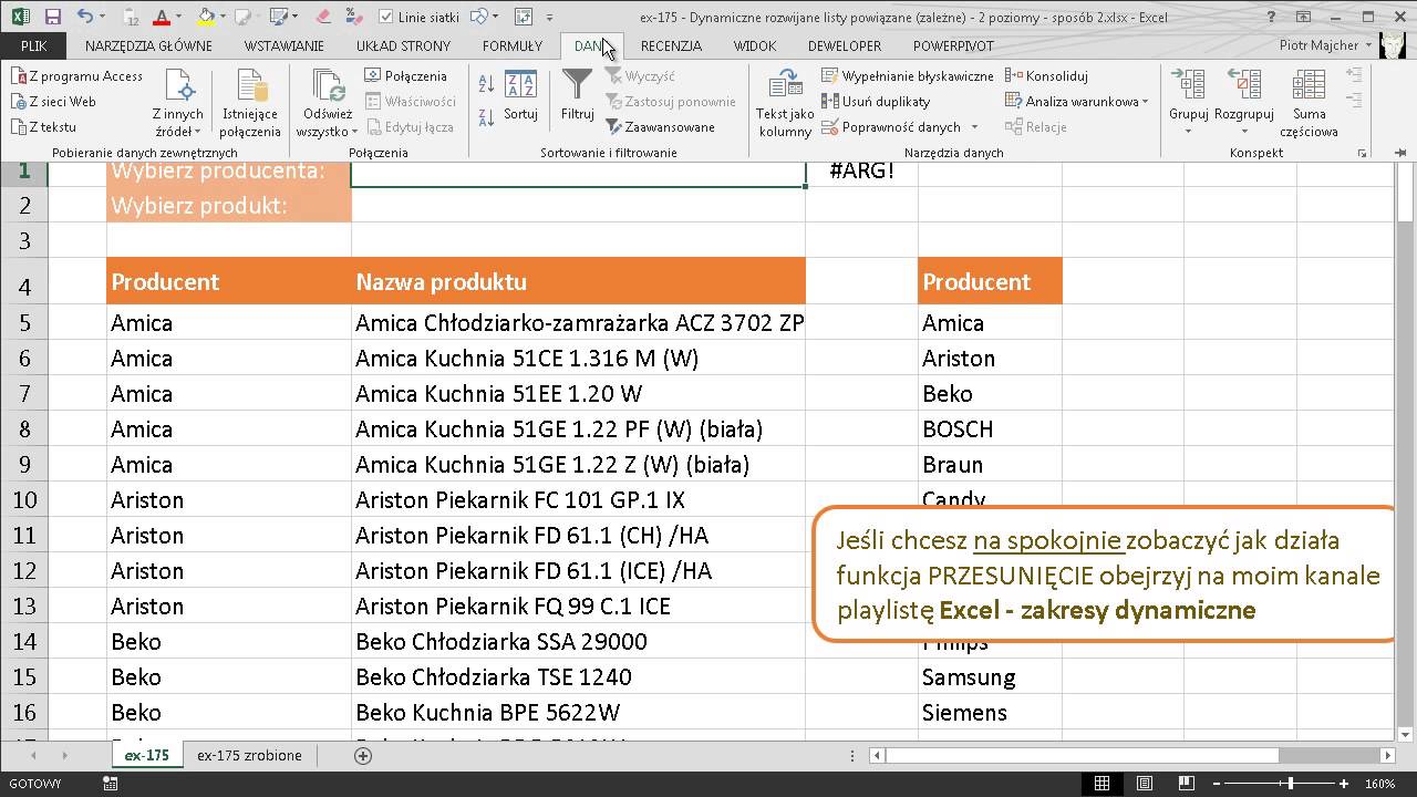 excel-175 - Dynamiczne rozwijane listy powiązane (zależne) - 2 poziomy ...