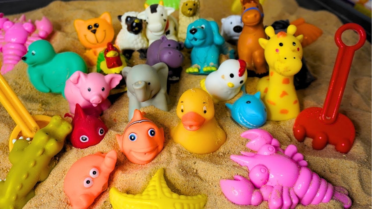 Soft Squishy Animals in Sand | Giraffe, Elephant, Lobster, Duck & More ...