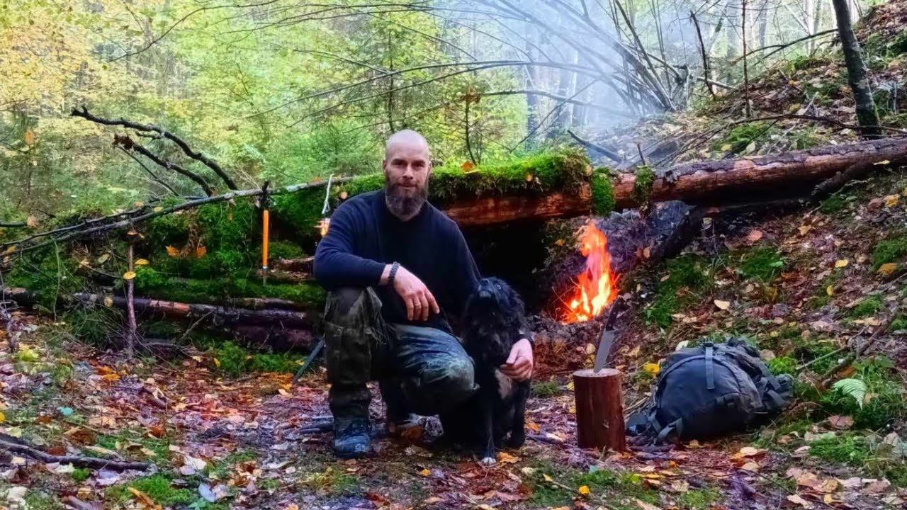 Primitive Survival Shelter With Fireplace - Bushcraft Trip With My Dog ...