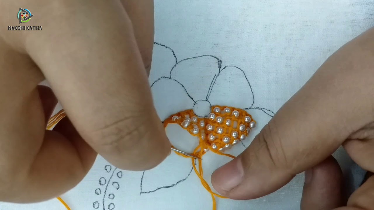 hand embroidery pearl flower design | net stitch. - YouTube