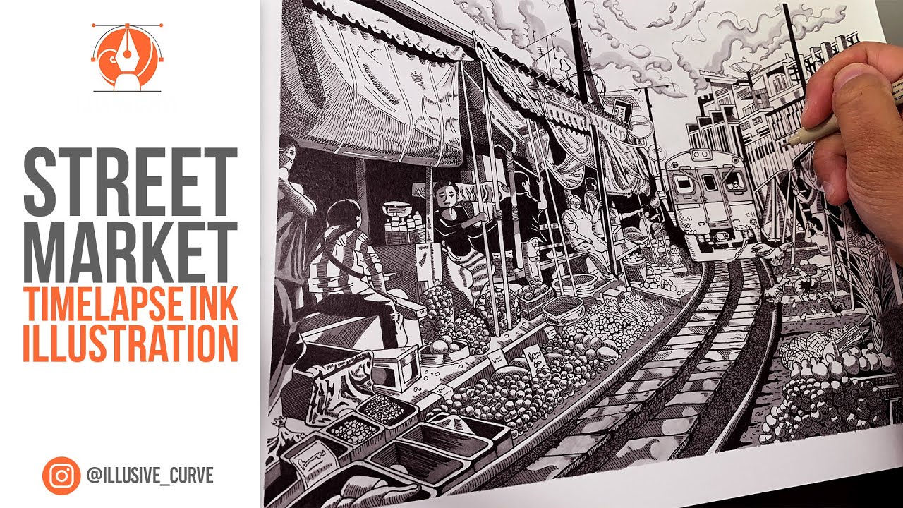 Ink Drawing Timelapse • Detailed Illustration of Maeklong Railway ...